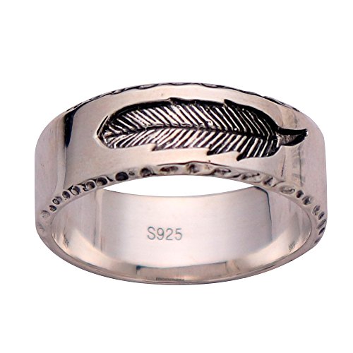 Vintage Real 925 Sterling Silver Feather Band Ring Jewelry for Men Women Size 8.5