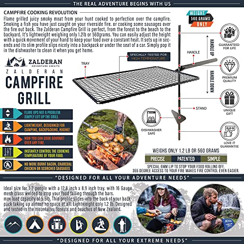 Zalderan Campfire Grill Grate. Small Lightweight, Stainless Steel, Portable, Backpack Hiking Grill.