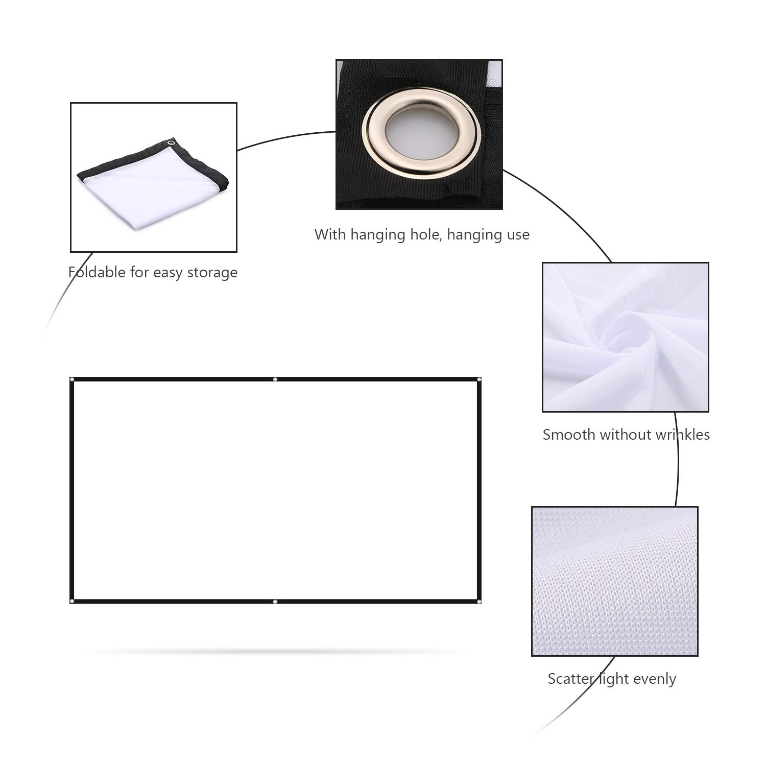 ZZBJ 100" Projector Screen Widescreen 16:9 Portable Projection Screen Anti-Crease Foldable Projector Movies Screen for Home Office