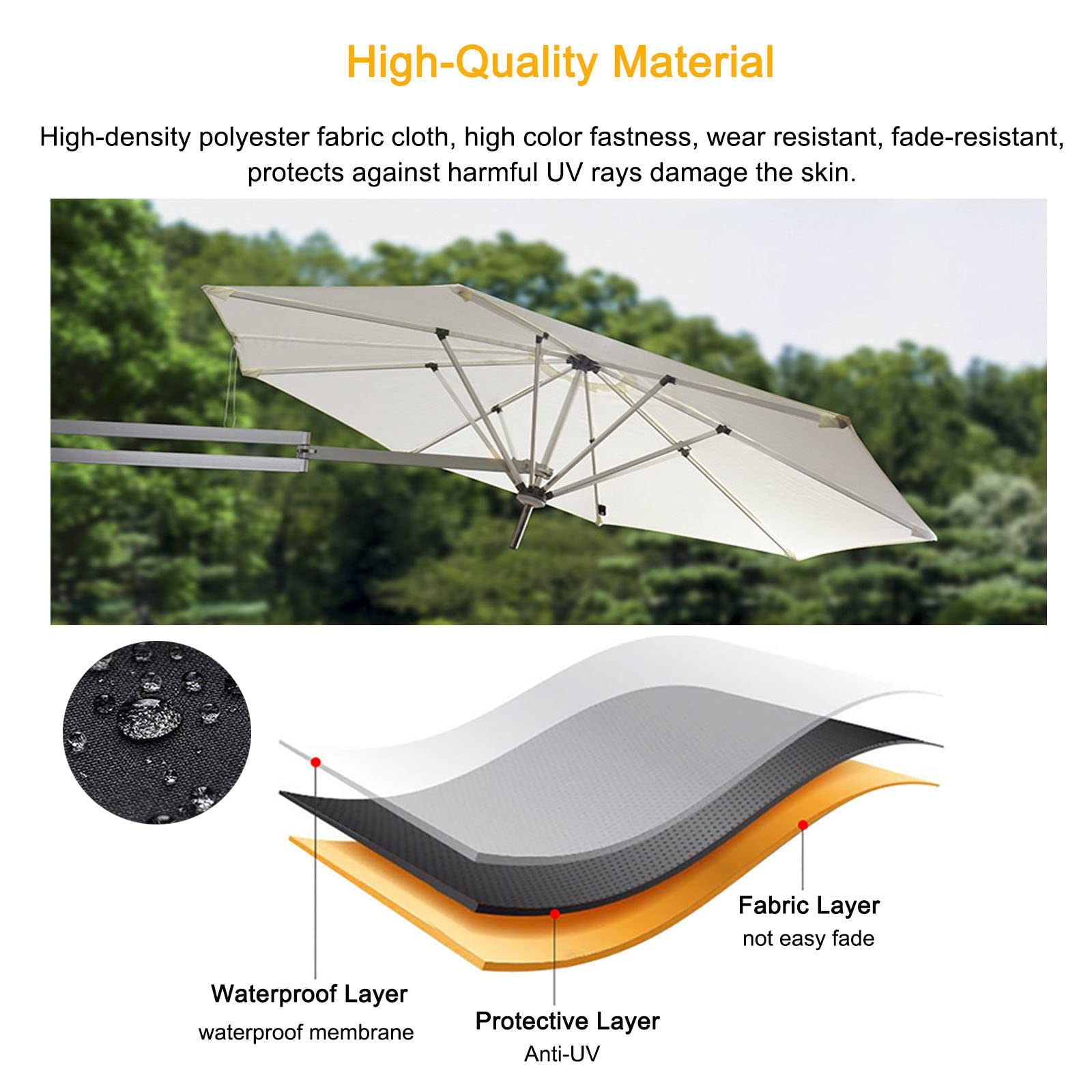 WooDeY Garden Wall Mounted Patio Umbrella - 8ft/250cm, Outdoor Balcony Tilting Sunshade Umbrella, Adjustable Pole