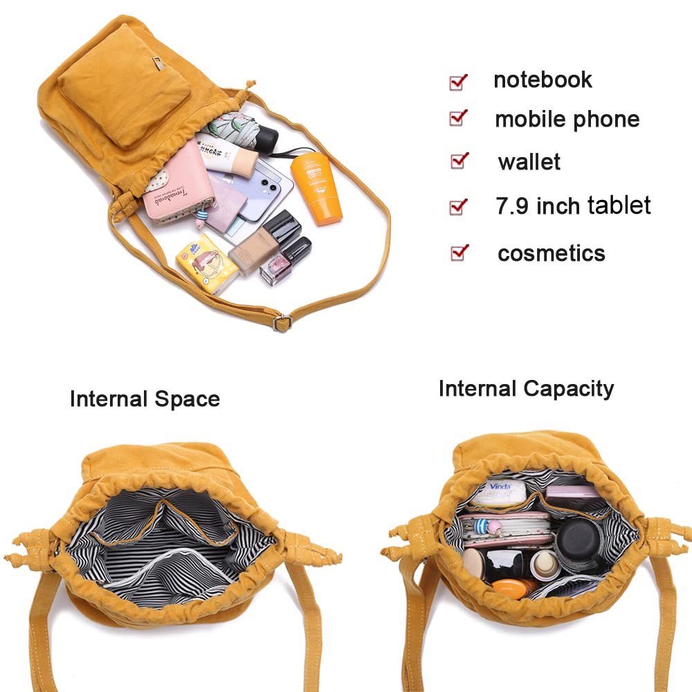 Women Small Canvas Purse Crossbody Bag Ladies Cute Little Drawstring Bucket Boho Purses, White