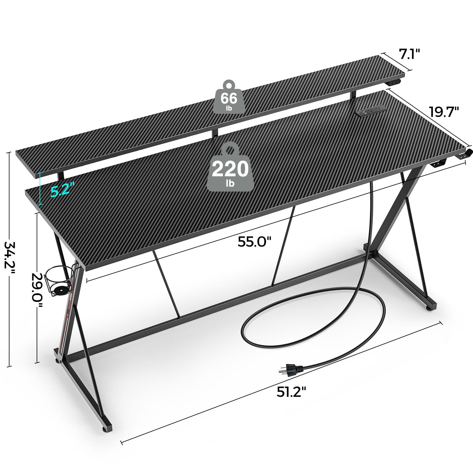 SEVEN WARRIOR Gaming Desk with LED Lights & Power Outlets, 55" Computer Desk with Monitor Shelf, Home Office Desk with Cup Holder and Headphone Hook, Ergonomic, Carbon Fiber Surface Black