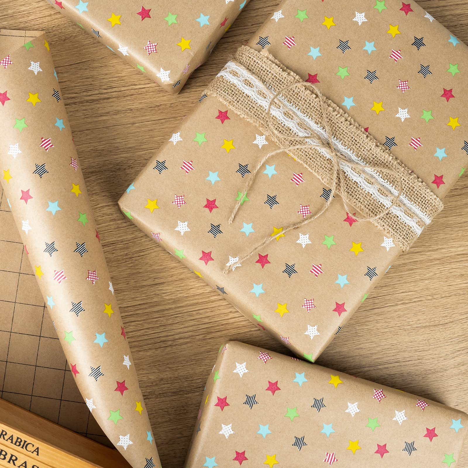 RUSPEPA Kraft Wrapping Paper Roll - Mini Roll - Colorful Star Design for All Occasions - 17 Inches X 32.8 Feet