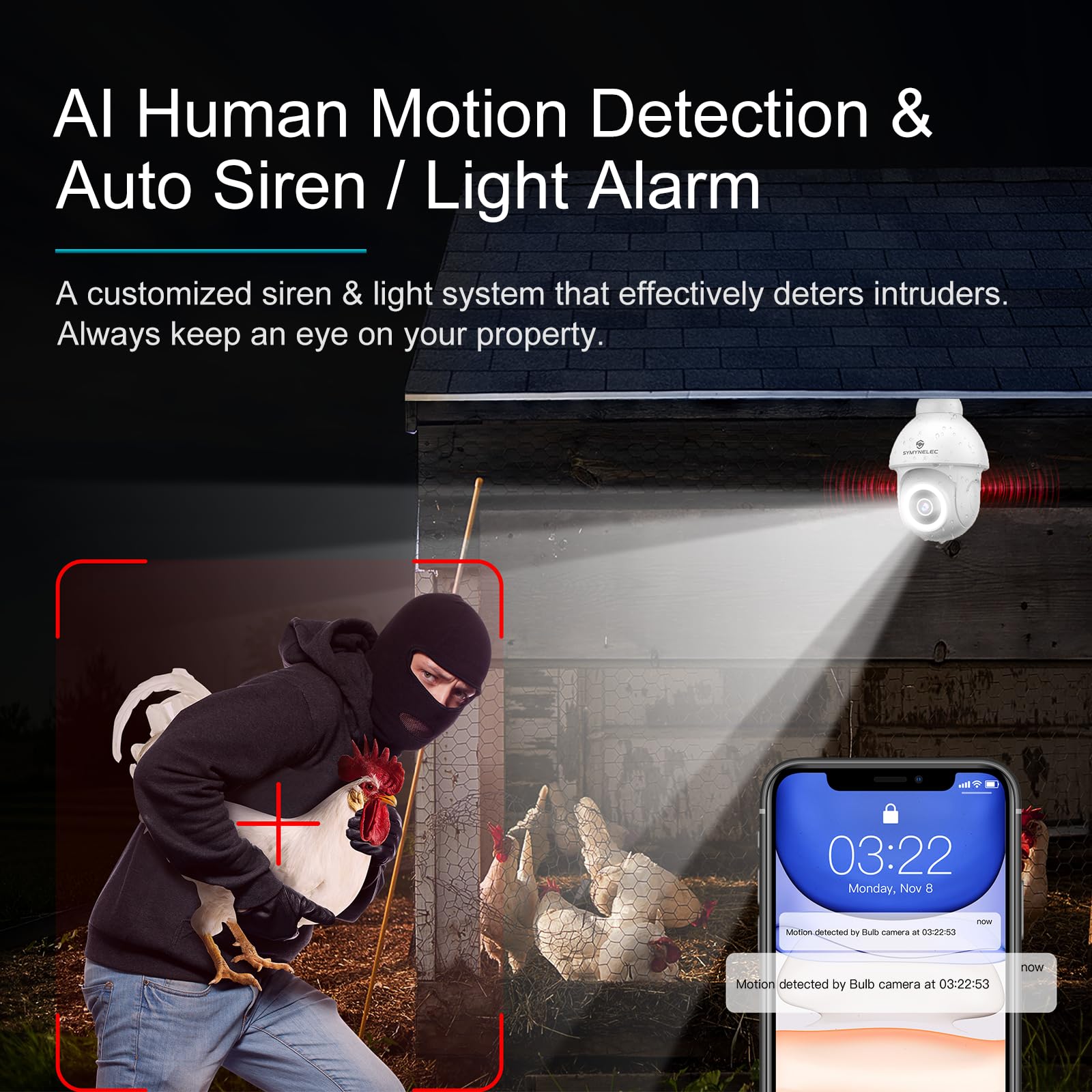 SYMYNELEC Light Bulb Security Camera Outdoor Waterproof, 2K 4MP 2.4GHz Wireless WiFi Light Socket Security Cam 360 Motion Detection Tracking Color Night Vision 2 Way Talk Works with Alexa (Black)