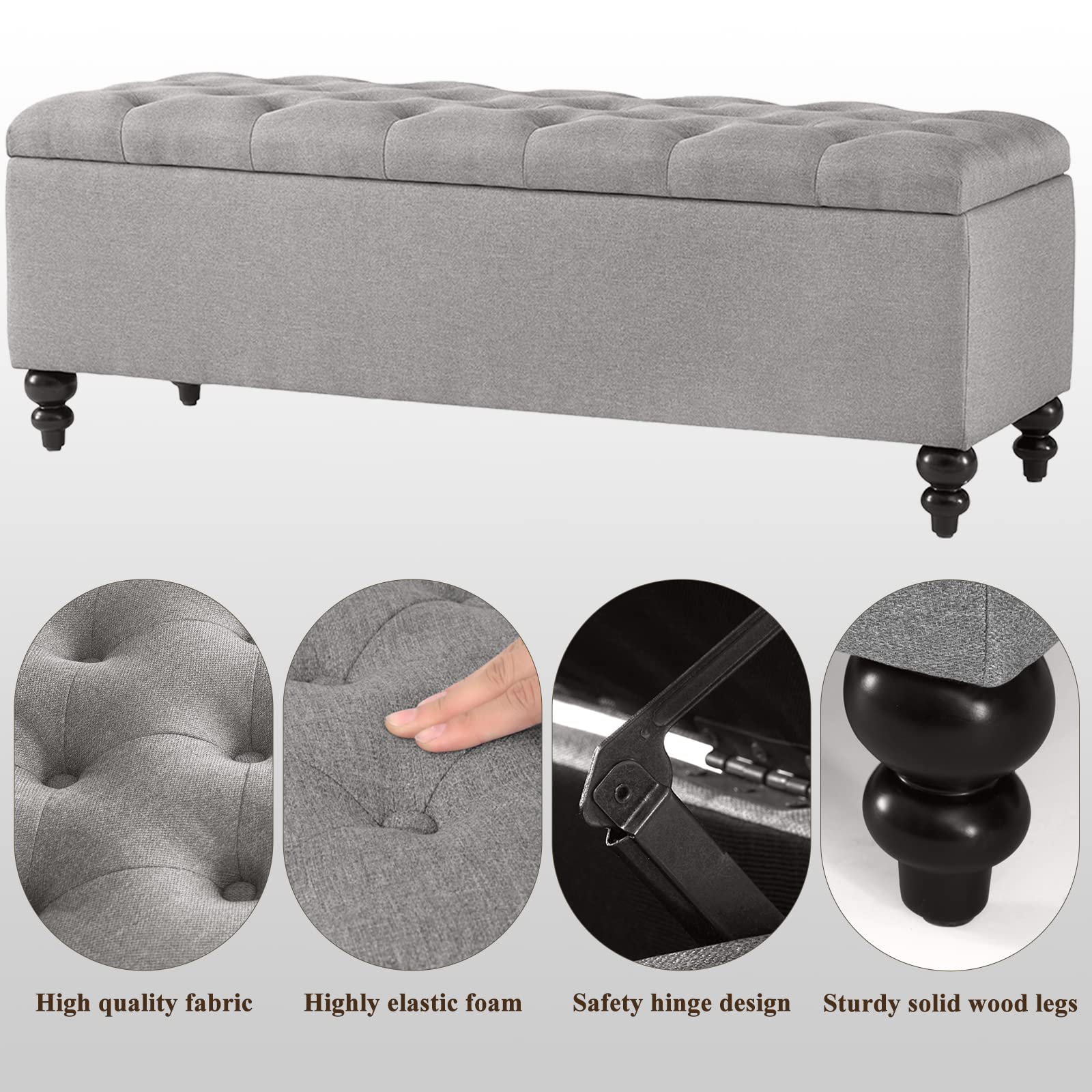 Storage Ottoman 50.2 Inches Upholstered Fabric Bench,Button Tufted for Living Room,Bedroom End of Bed Bench Withstands 303lbs (Grey)