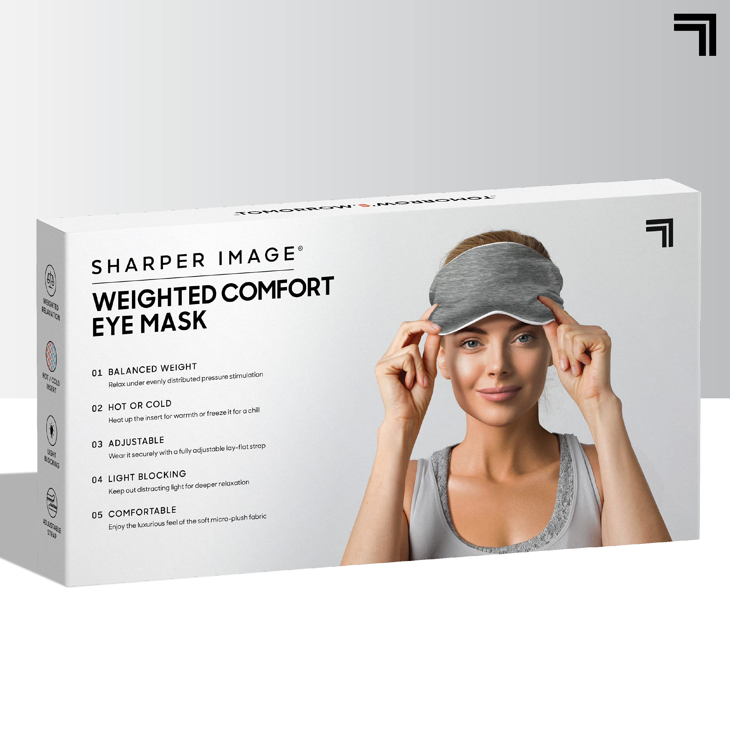 SHARPER IMAGE Weighted Comfort Eye Mask, Hot/Cold Insert, Light Blocking Pain Relief for Headaches Migraine Travel Naps, Adjustable Strap, Super Soft Micro-Plush Fabric