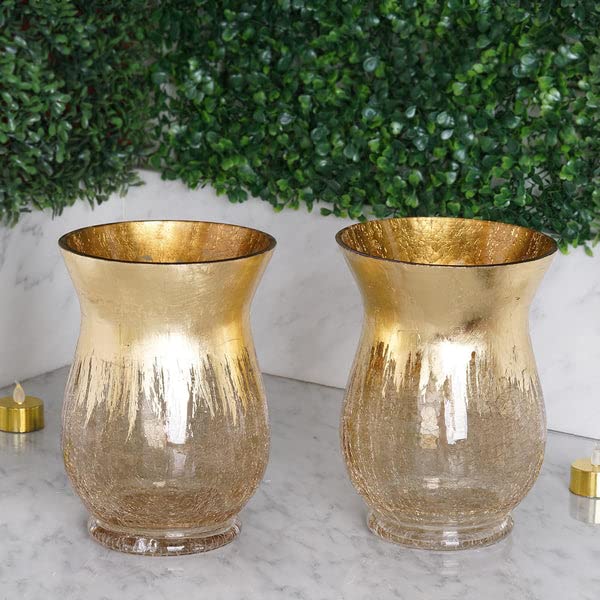Tableclothsfactory Pack of 2 8" Tall Handmade Gold Foil Crackle Glass Vases Hurricane Candle Holders