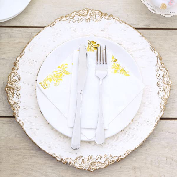 Tableclothsfactory 6 Pack White 13" Round Baroque Charger Plates Leaf Embossed Antique Gold Rim for Tabletop Decor Catering Event