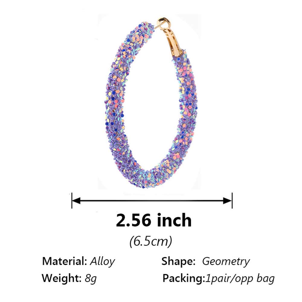 Sequins Hoop Earrings for Women Girls Handmade Bohemian Glitter Wrapped Gold Plated Dangle Drop Earring Circle Sequin Statement Earrings Boho Jewelry (Purple)