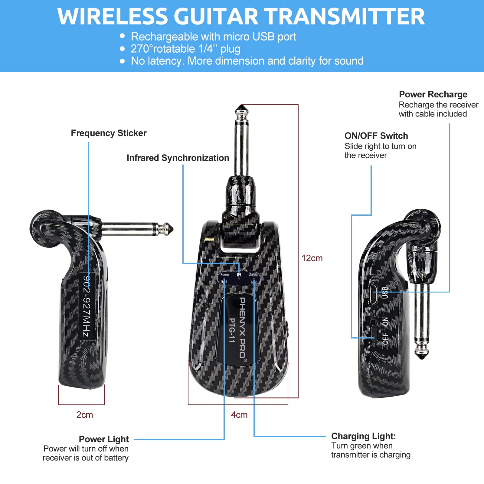 Wireless Guitar System, Phenyx Pro True Diversity Guitar Wireless Set w/Rechargeable Wireless Guitar Transmitter, 100 UHF Channels, Wireless Instrument System for Electric Guitar Bass (PTG-11)