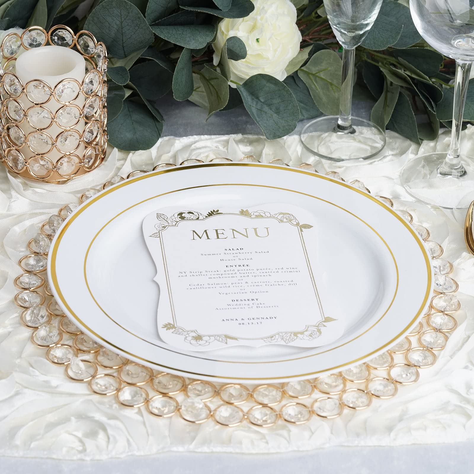 Tableclothsfactory 14" Rose Gold Wired Metal Charger Plate With 118 Acrylic Crystal Beads For Weddings Events