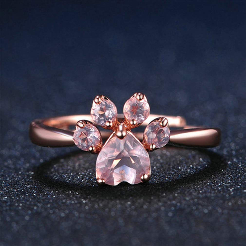 TraveT Crystal Cat Paw Ring Adjustable Pink Ring for Cat Lovers Women Rhinestone Zirconia Ring