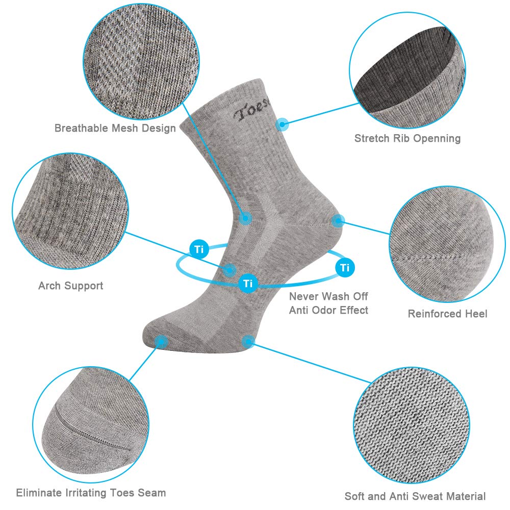 Toes&Feet Men's 6-Pack Grey Anti-Odor Quick-Dry Quarter Crew Athletic Socks, Size 6-12