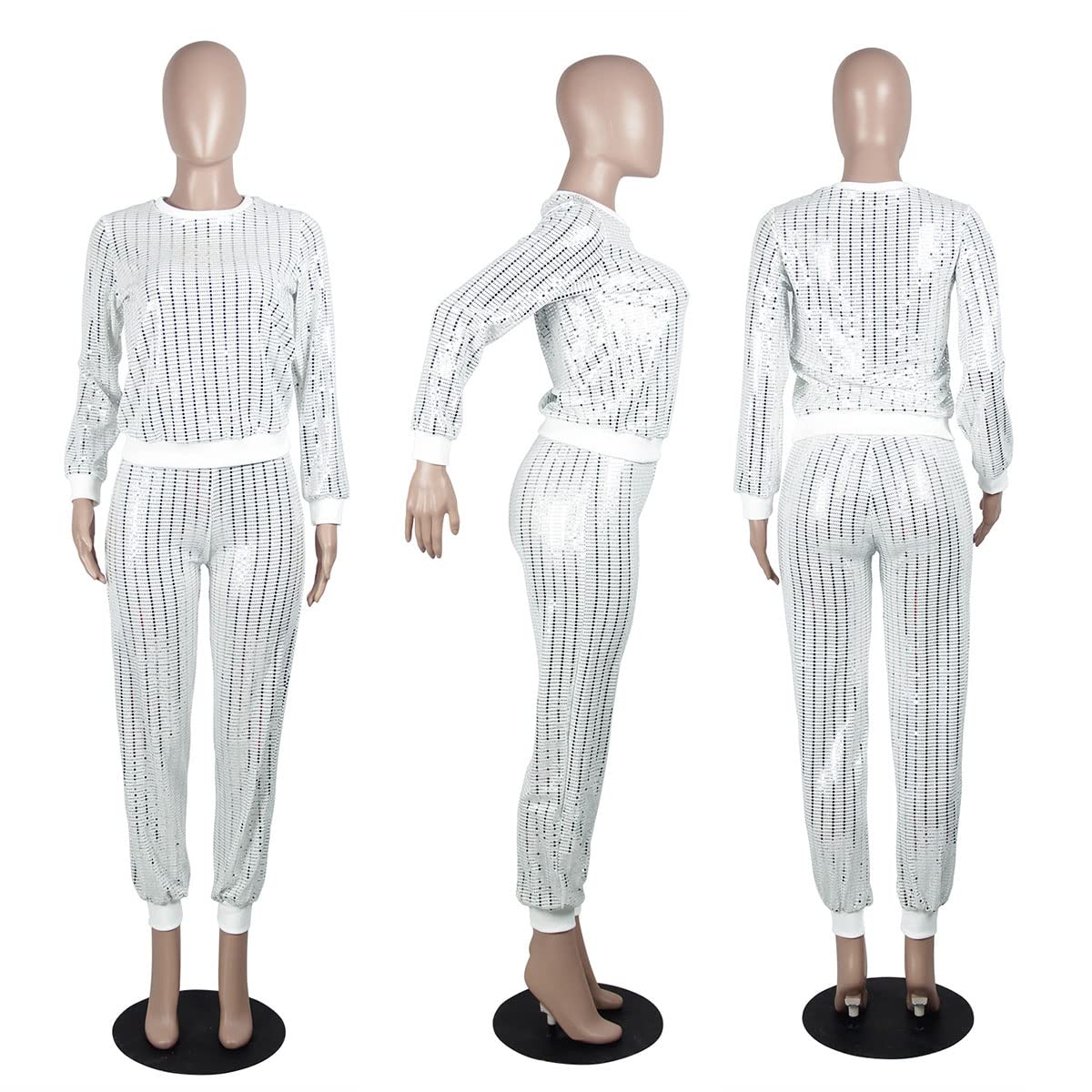 WOKANSE Women's Sequin Glitter Long Sleeve Sweatshirts and Skinny Long Pants Two Piece Outfits White M