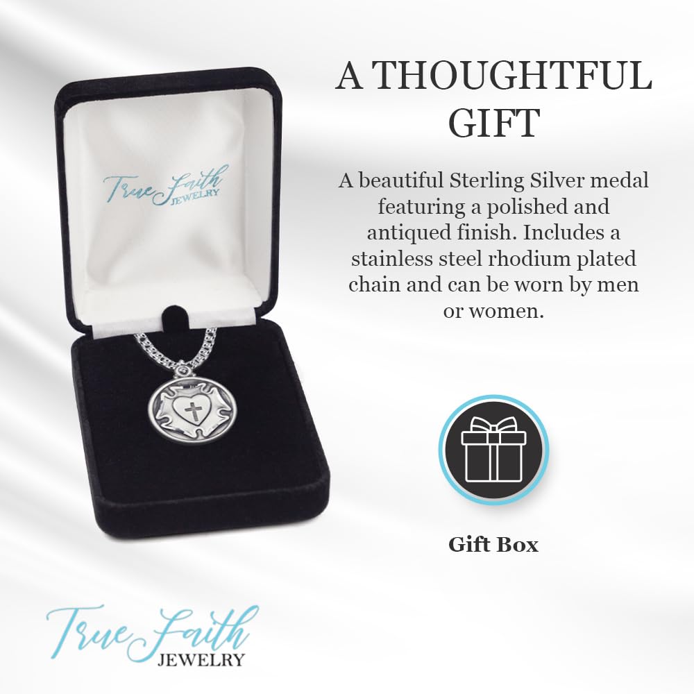 TrueFaithJewelry Sterling Silver Luther's Rose Lutheran Cross Medal Pendant Necklace, 3/4 Inch