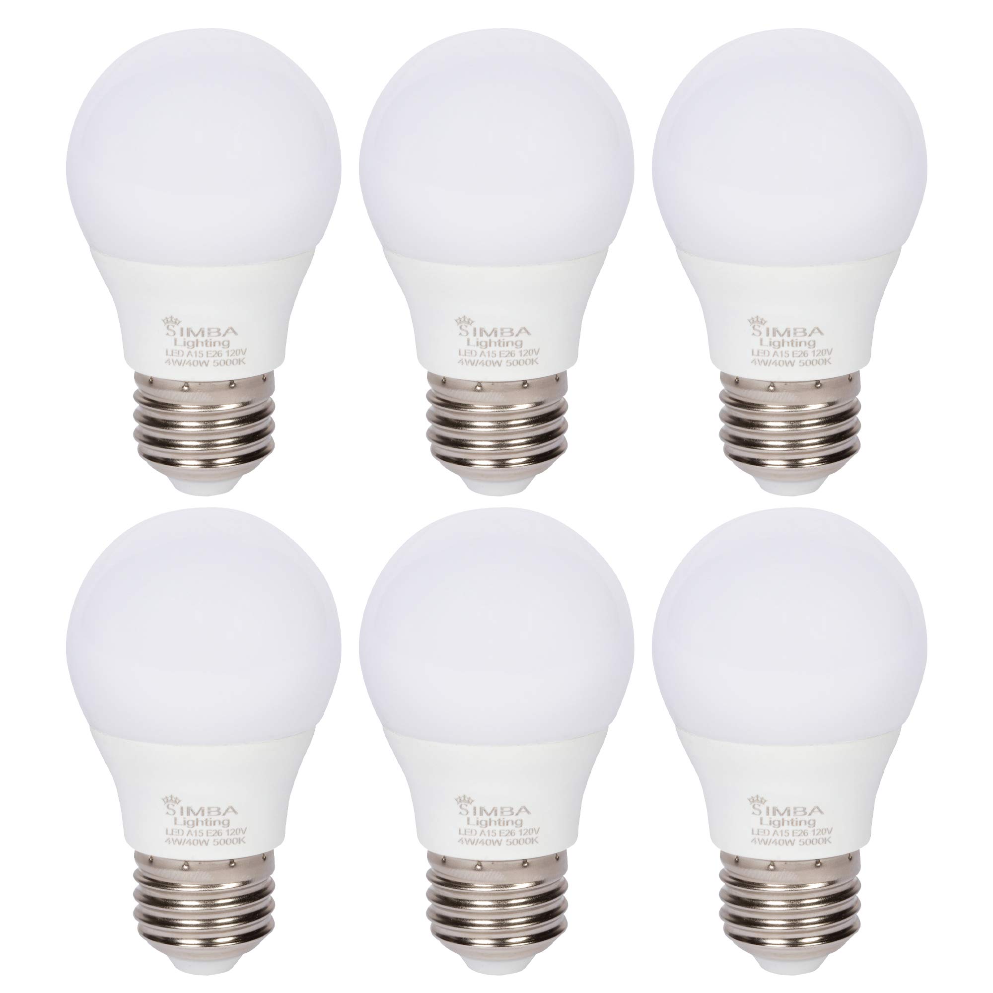 Simba Lighting LED A15 Refrigerator Light Bulbs (6-Pack) 4W 40W Replacement Small for Appliances, Freezers, Ceiling Fans, 120V, E26 Standard Medium Base, Frosted Cover, Not Dimmable, 5000K Daylight