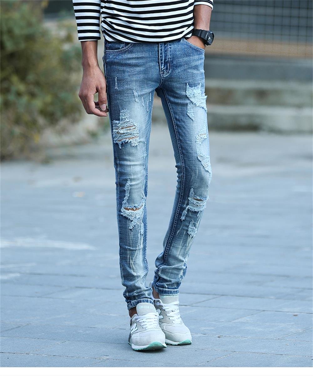 YTD Mens Distressed Ripped Biker Slim Jeans Stretched Moto Denim Pants (36, R-Grey)