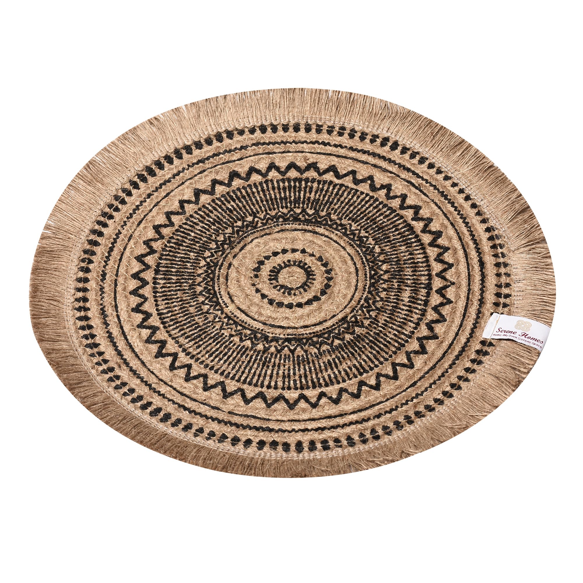 SereneHomes Black Mandala Print Natural Jute placemat Round 14-inch Table Placemats with Fringes - Set of 4, Boho Chic Dining Table Decor Heat-Resistant Dining Table Decor Surface Protector