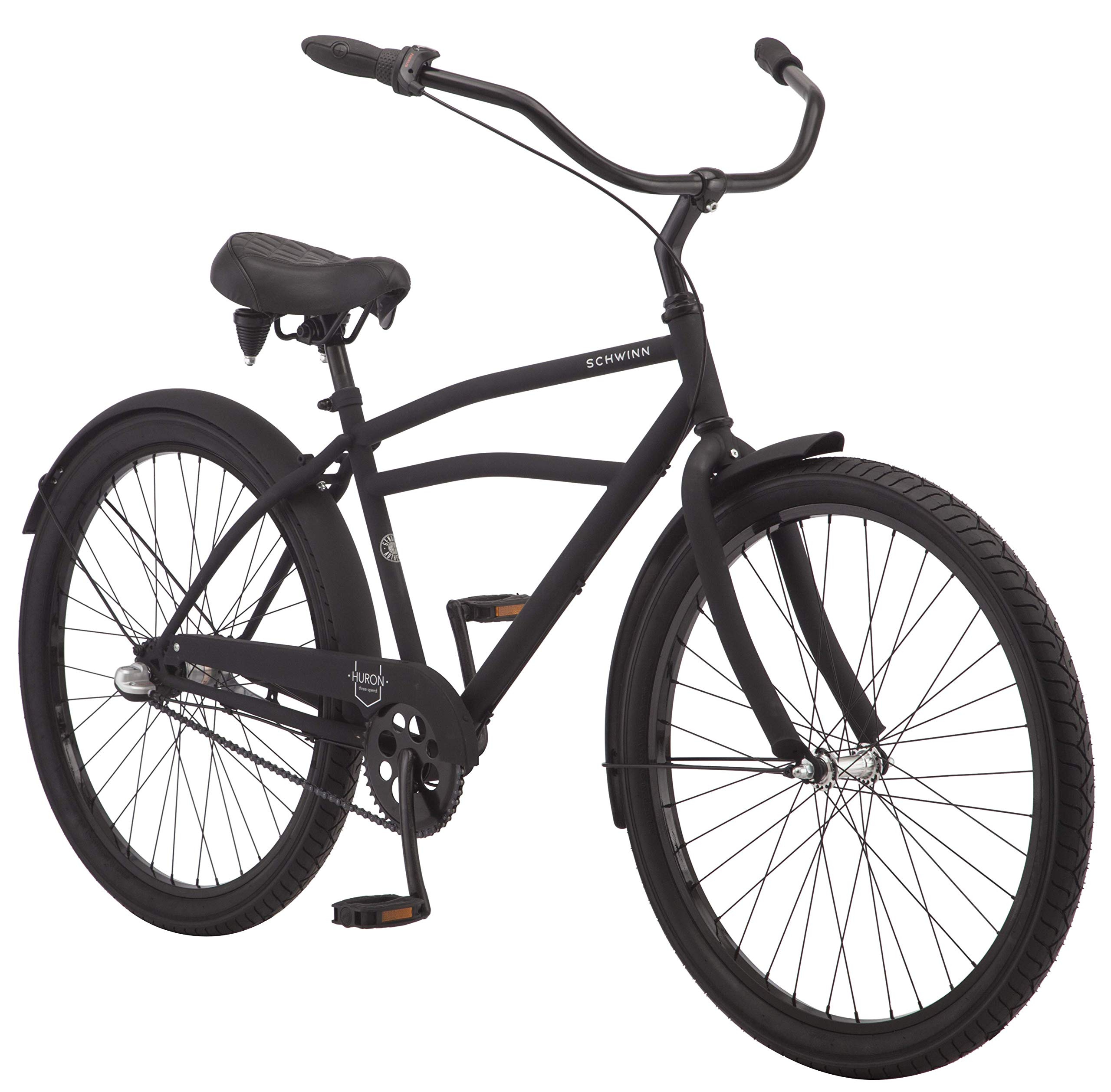 Schwinn Huron Beach Cruiser Bike for Adult, 3-Speed, Coaster Brake, 26-Inch Wheels, 17-Inch Step-Over Steel Frame, Full Front & Rear Fenders, Classic Handlebar, Black