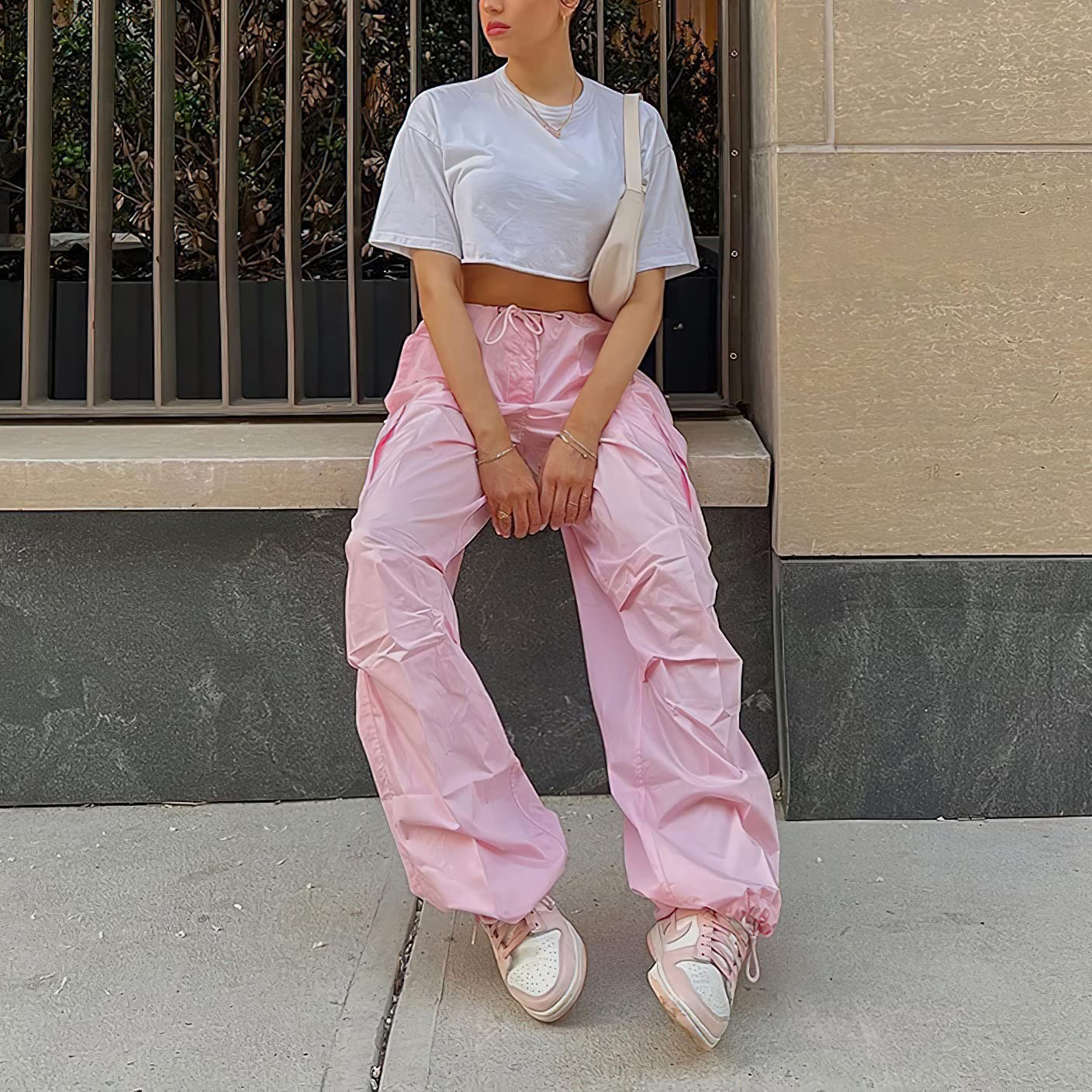 Viatabuna Parachute Women's Oversized Cargo Pants Drawstring High Rise Baggy Joggers Sweatpants Plus Size Y2K Wide Leg Pants Pink
