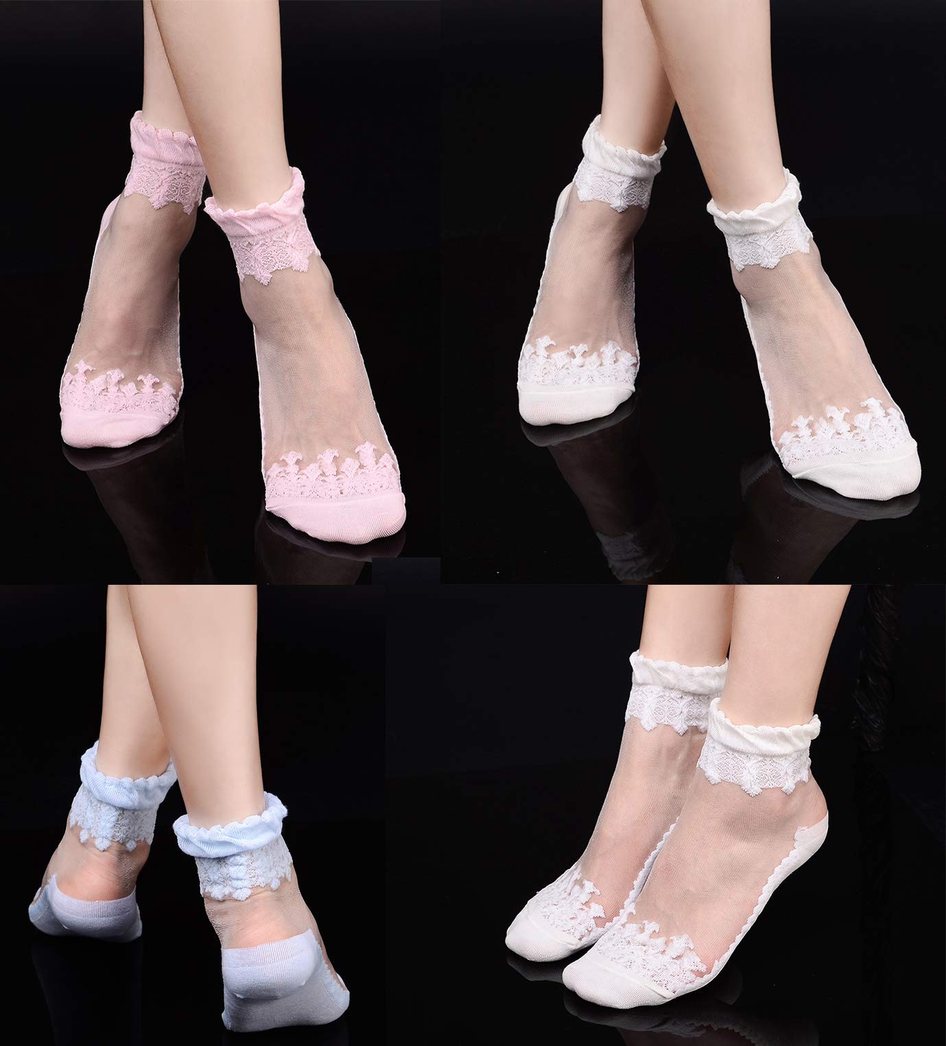 Women 6 Pairs Sheer Elastic Socks Soft Summer Transparent Lace Crystal Silky Hosiery Stockings (6pairs)