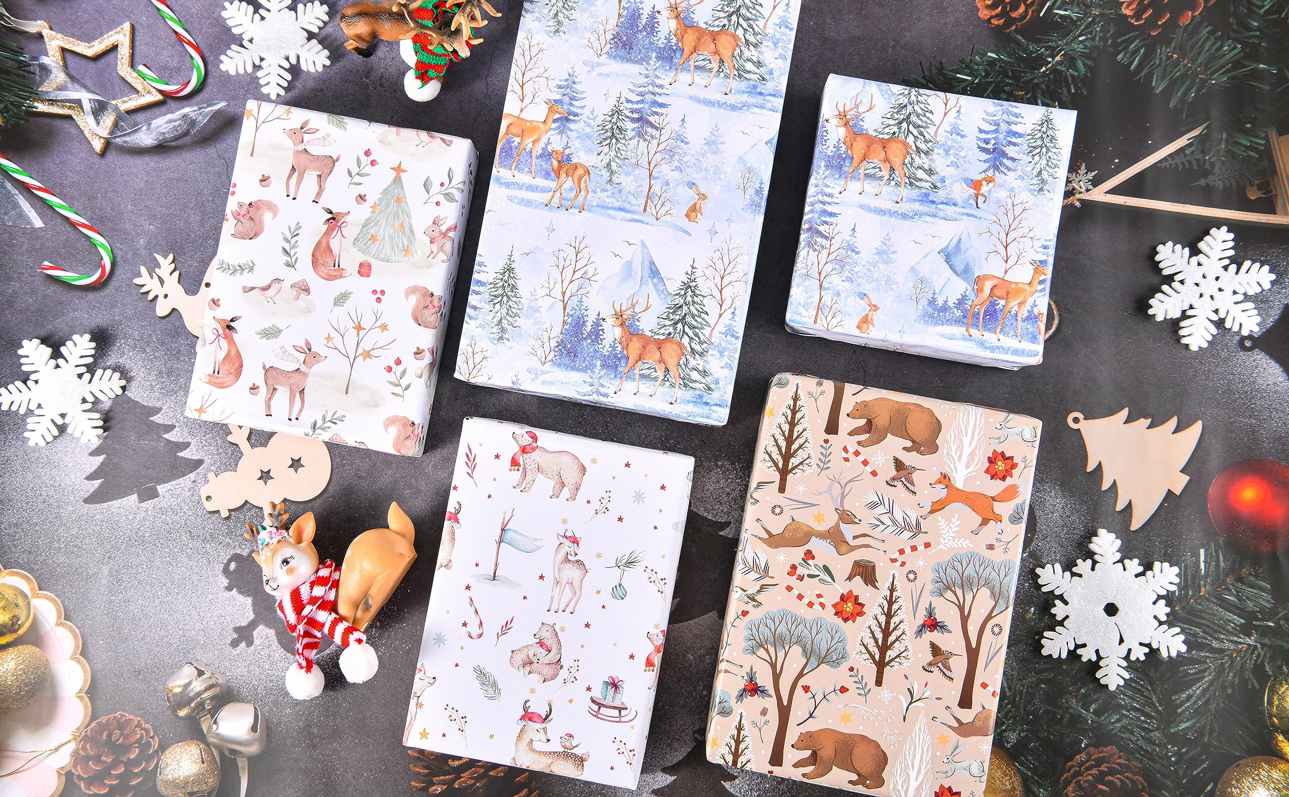 Titiweet Woodland Christmas Animal Gift Wrapping Paper - 12 Sheets with Bear, Deer, Rabbit, Fox, Squirrel and Reindeer, 20 x 28 Inches Per Sheet