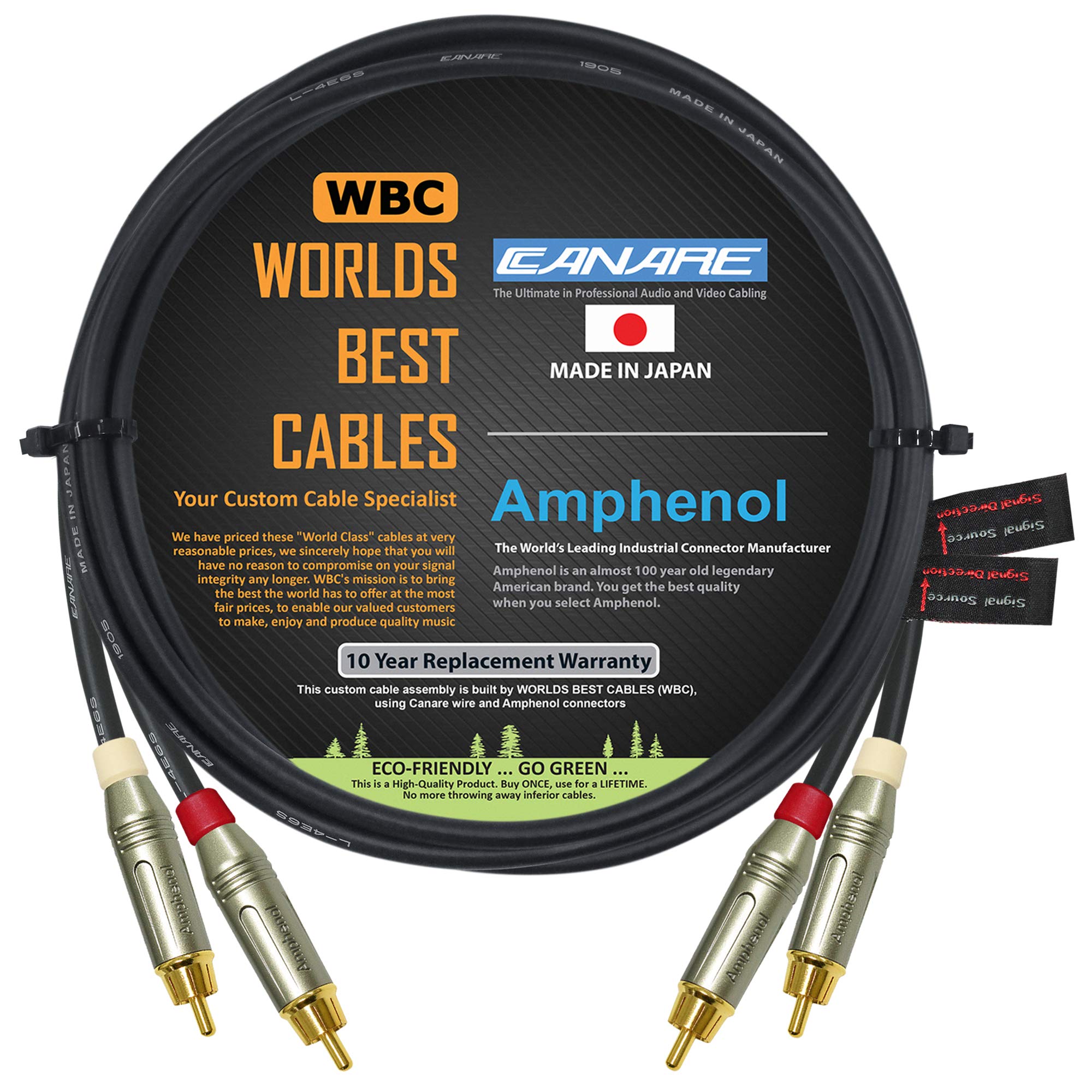 WORLDS BEST CABLES 3 Foot RCA Cable Pair - Made with Canare L-4E6S, Star Quad, Audio Interconnect Cable and Amphenol ACPR Gold RCA Connectors β Directional Design - CUSTOM MADE