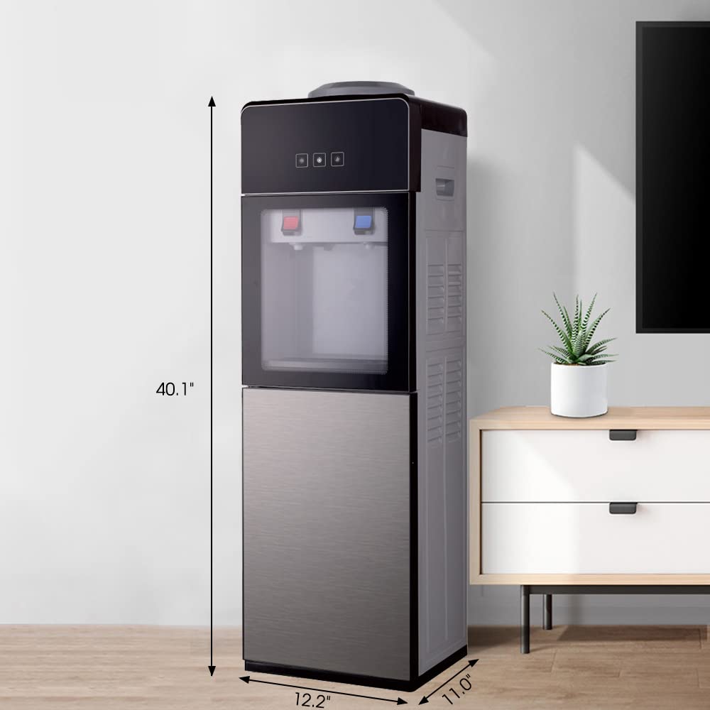 Top-Loading Water Dispenser for 5 Gallon Bottles, THABATAD Hot & Cold Water Cooler with Storage Cabinet & Glass Door Water Coolers Dispenser for Home, Office, School, Grey