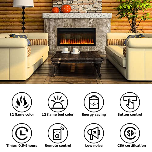 Upesitom 31" Electric Fireplace Recessed and Wall Mounted Fireplace Heater Inserts, Mirrored Led Fireplace Heater with Remote Control, Timer, Adjustable 12 Flame Color, 750/1500W, Black