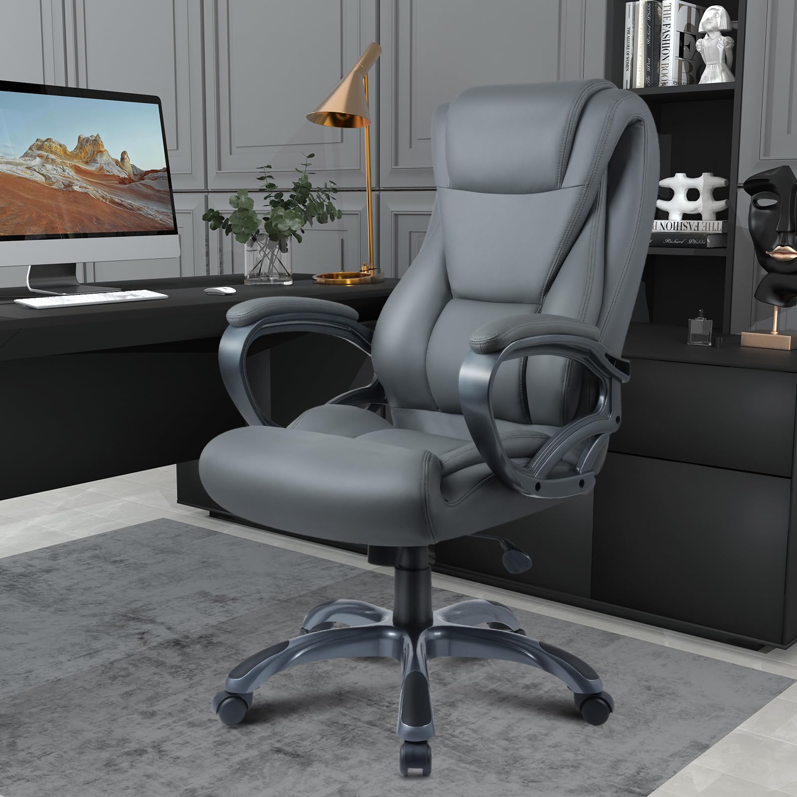 Soontrans Executive Office Chair 400lbs Big and Tall Office Chair for Heavy People Wide Seat Leather Desk Chair Adjustable Rocking Computer Chair Ergonomic Office Chair(Grey)