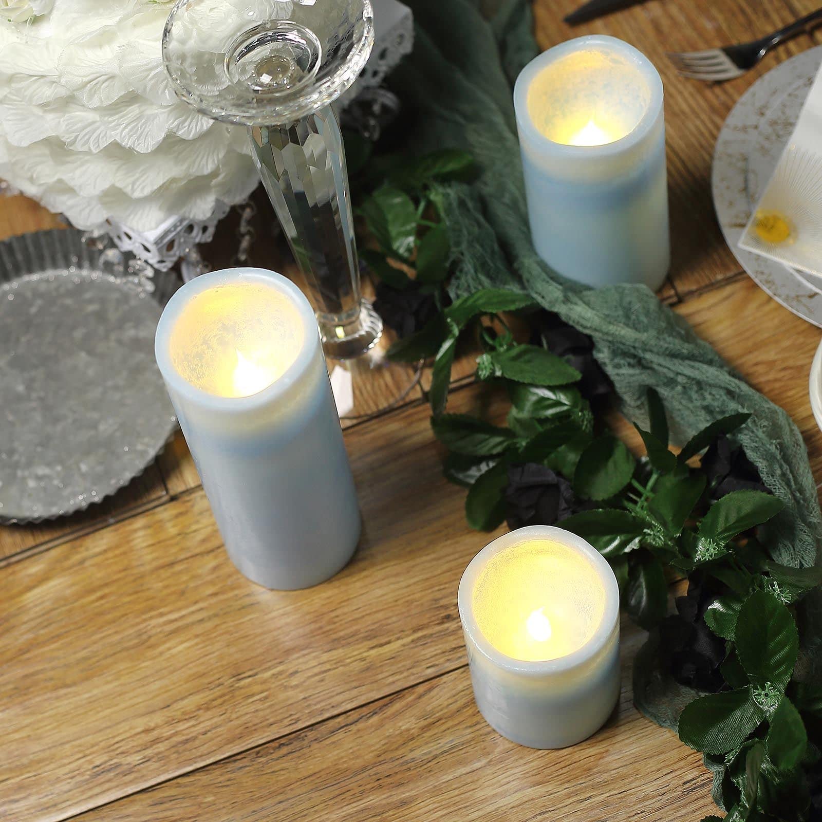 Tableclothsfactory Set of 3 Blue Flameless Candles Battery Operated LED Pillar Candle Lights with Remote Timer - 4" / 6β / 8β