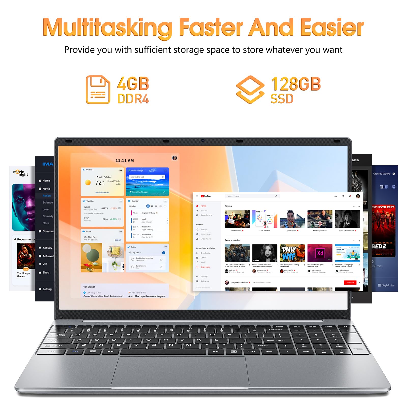 SGIN 15.6 Inch Laptops, 4GB DDR4 RAM 128GB SSD Laptop, Celeron Quad Core Processor, UHD Graphics 600, WiFi, Bluetooth 4.2, Mini HDMI, USB3.0