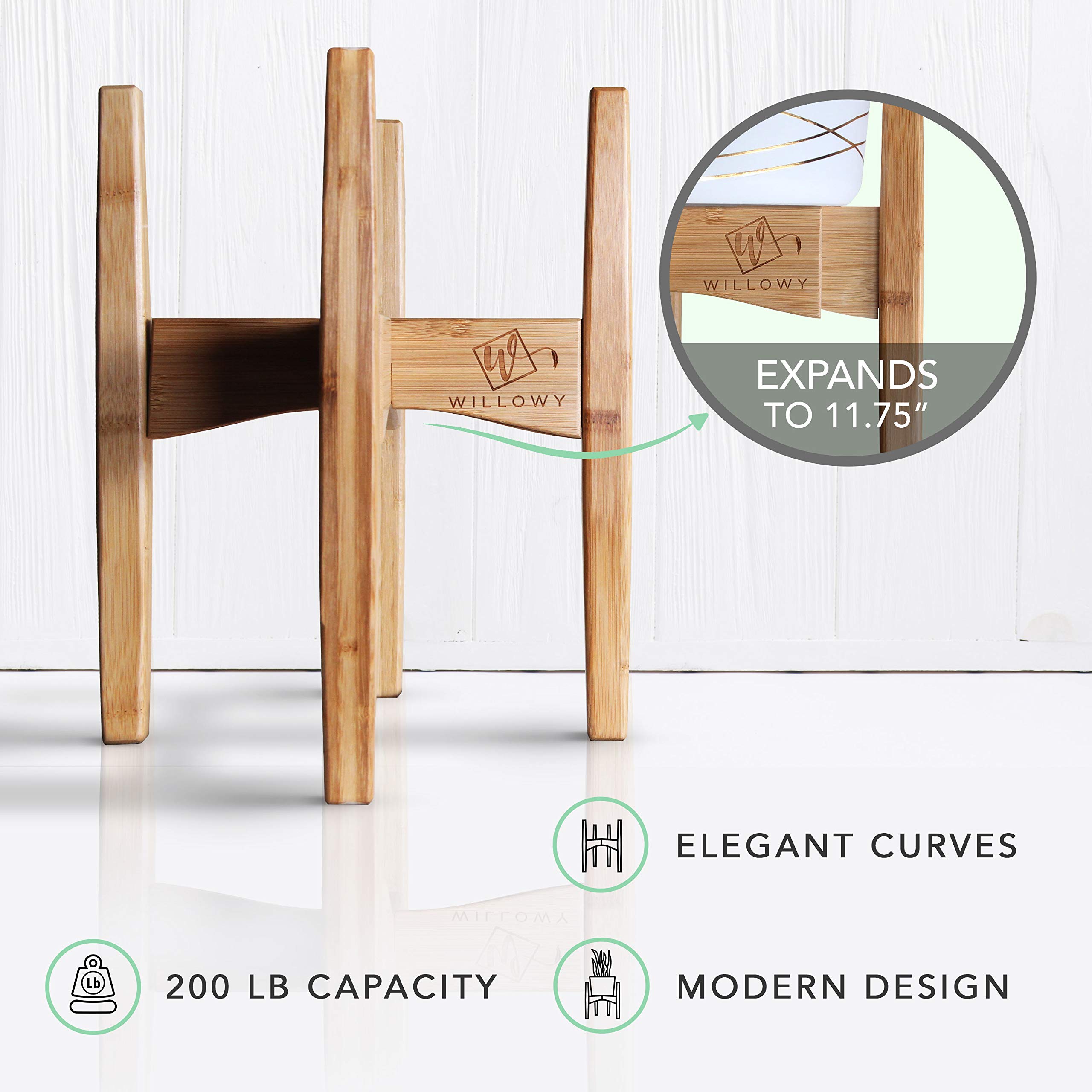 Willowy Adjustable Bamboo Plant Stand - Expandable from 8.25 Inches to 11.75 Inches - Modern & Elegant Decor - 8 to 12 inch Pot Holder - (Stand only)