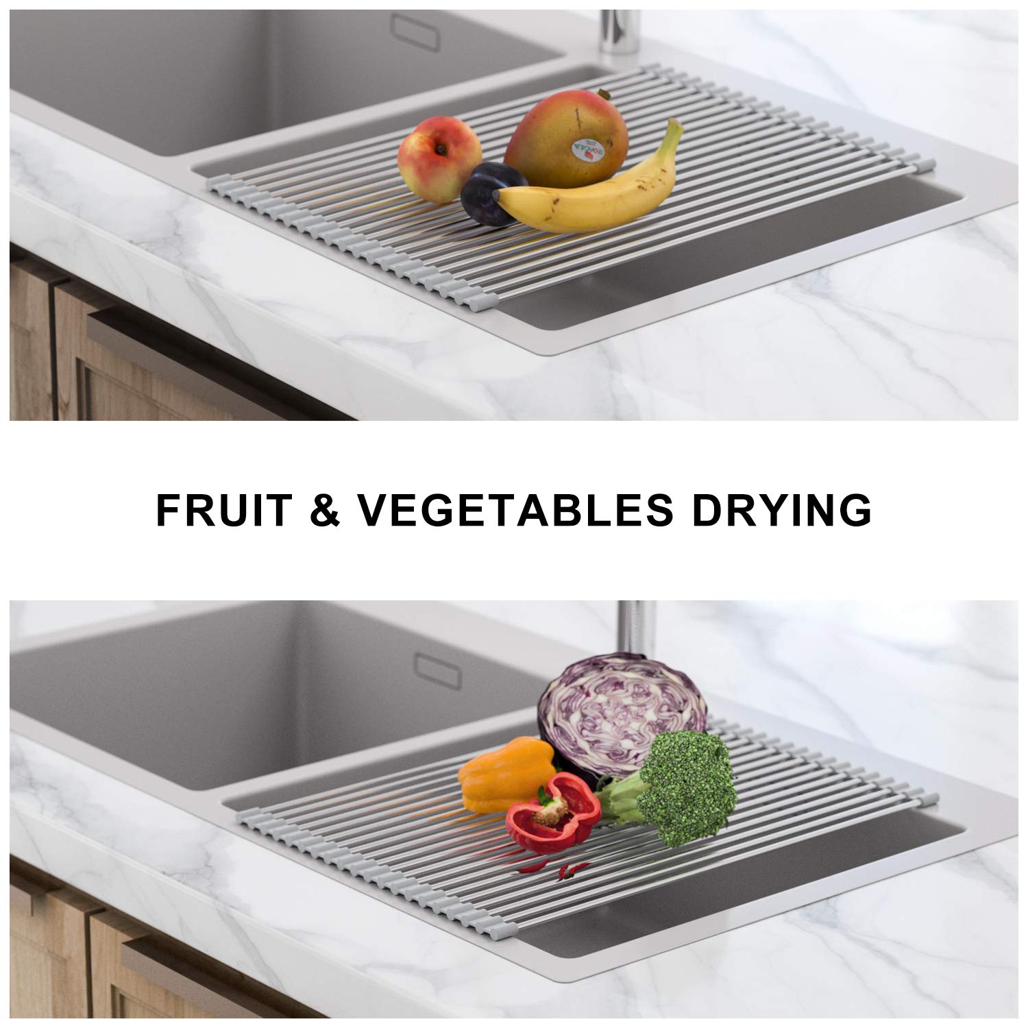 SunCleanse 17.8"×11.8" Roll-Up Dish Drying Rack, Over Sink Dish Drying Rack Drainer, Multi-Use Stainless Steel Foldable Dish Rack for Kitchen Sink Countertop, Grey
