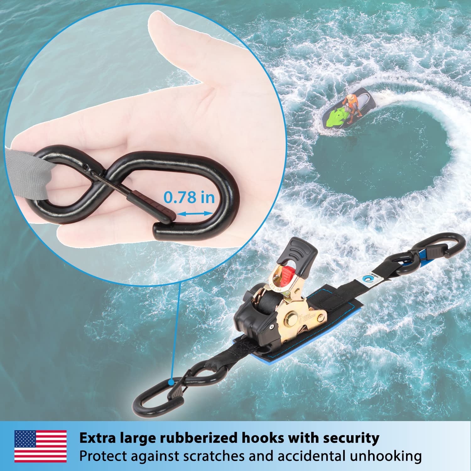 valonic Racoon - Retractable Ratchet Straps - 1300 lbs, with Protection pad and Hooks, 6 ft x 1 in, 2 Pack Black - Boat tie Down Straps