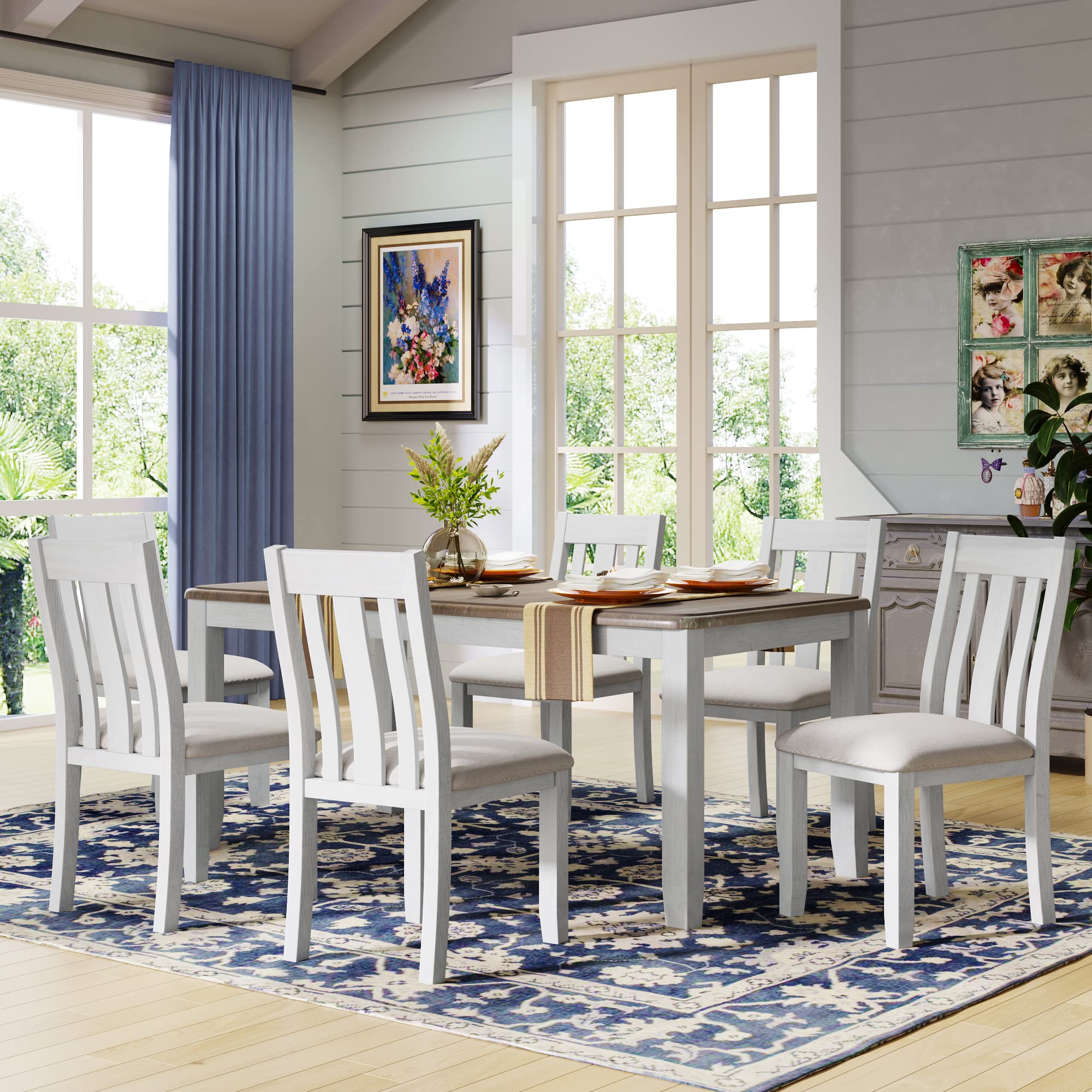 TARTOP Retro Style 7-Piece Dining Set Furniture with Extendable Table and 6 Upholstered Chairs,for Kitchen Dinette,Diningroom,Brown+White