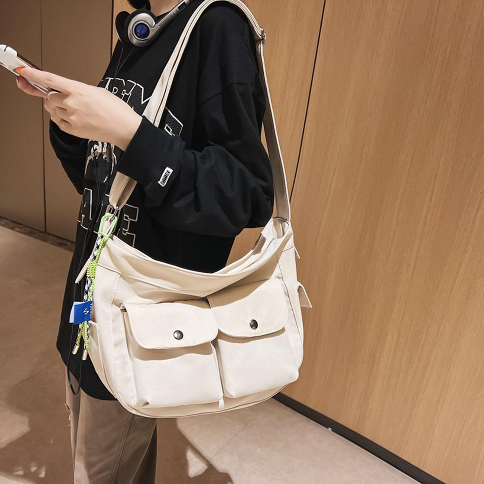 Womens Messenger Bag Crossbody Large Men Shoulder Bag with Cute Ornament Canvas Bag with Multiple Pockets Casual Satchel Bag (A-White)