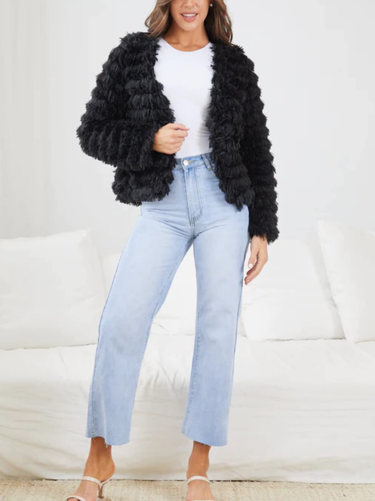 Womens Open Front Faux Fur Cardigan Vintage Parka Shaggy Jacket Coat Black X-Large