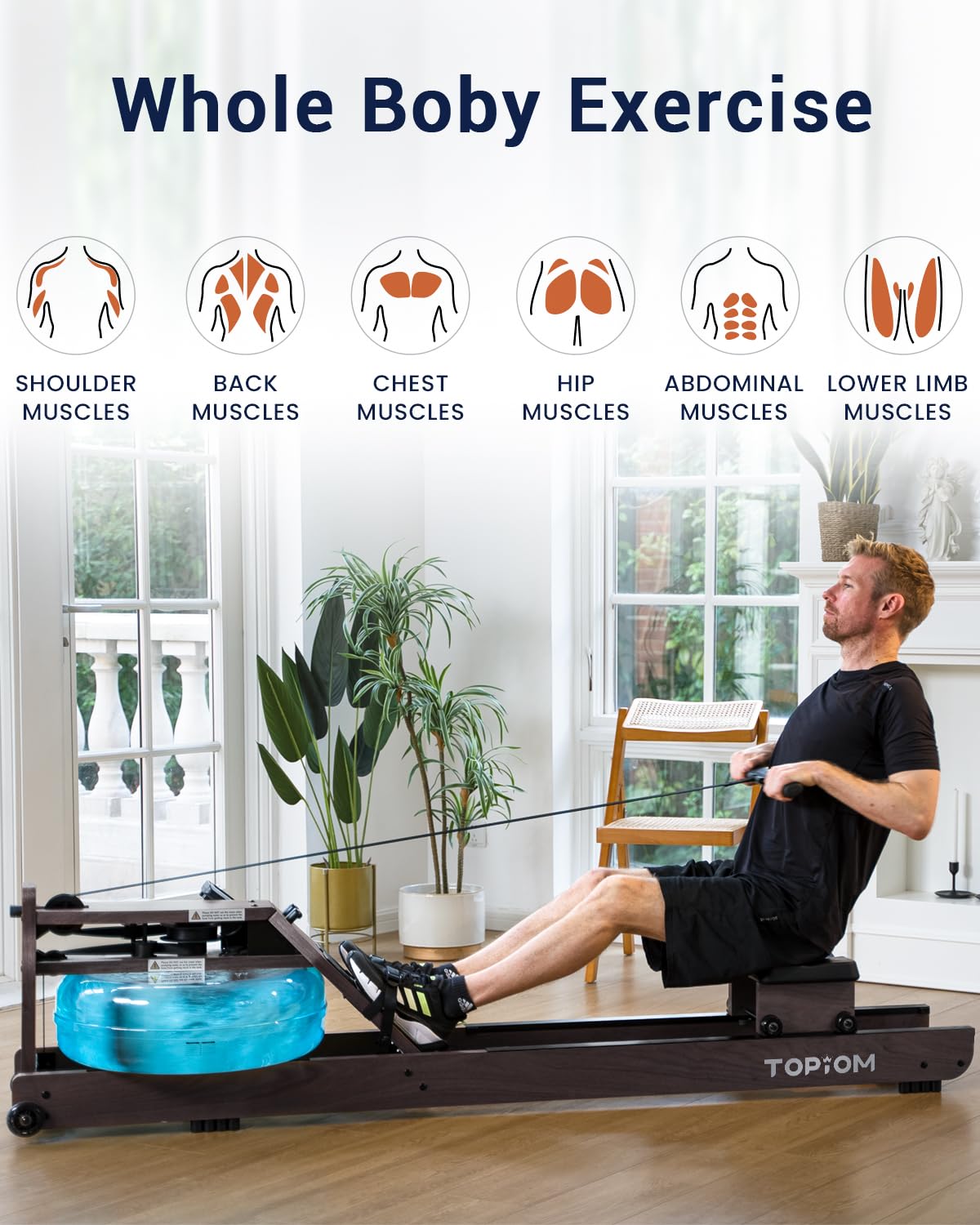 TOPIOM Water Rower Rowing Machine with TM-3 Performance Monitor, Walnut Veneer Over Oak Wood with 400 lbs Max Capacity