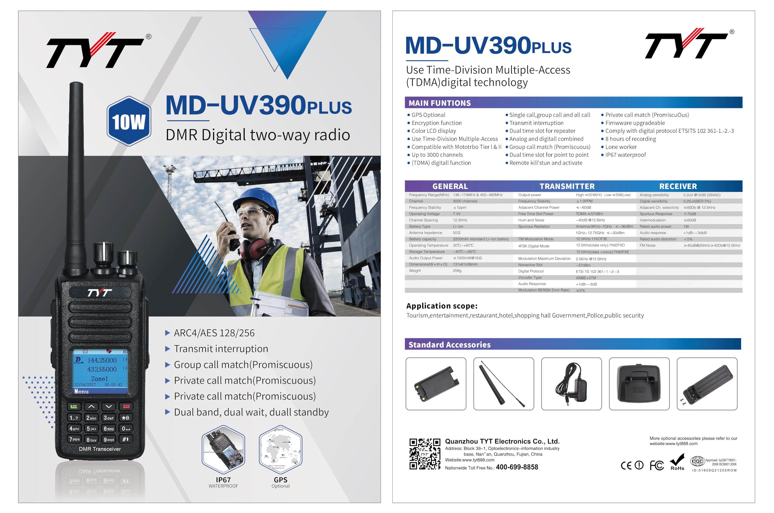 TYT MD-UV390 Plus 10 Watts High Power with AES256 Encryption DMR UHF VHF IP67 Waterproof Walkie Talkie with Programming Cable