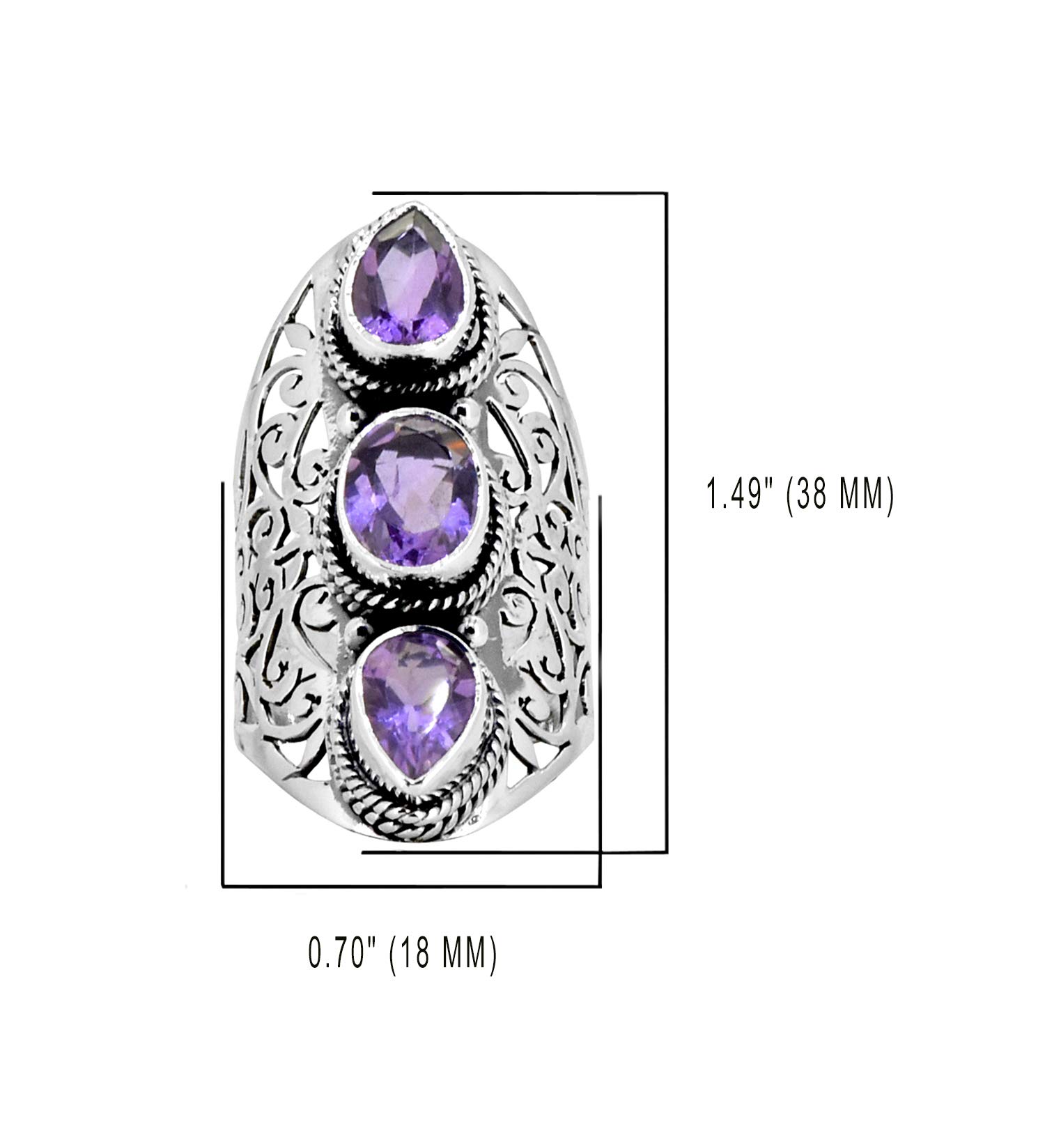 YoTreasure .925 Sterling Silver Amethyst Crystals Filigree Three Stone Ring
