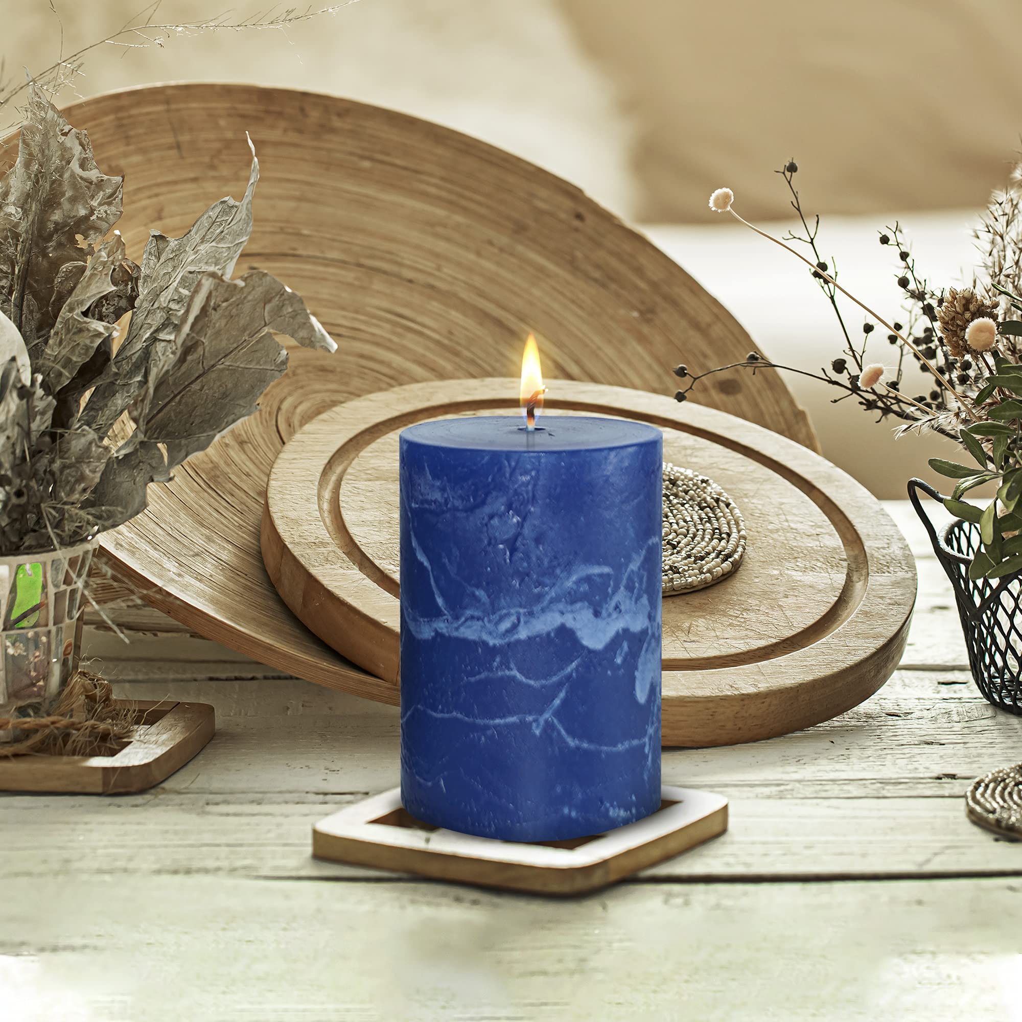 Simply Soson Blue Rustic Texture Pillar Candles 3x6 inch - Set of 3 - Unscented Decorative Blue Candles, No drip Candles, Ideal as Large Candles for Home Decor, Weddings, Holidays