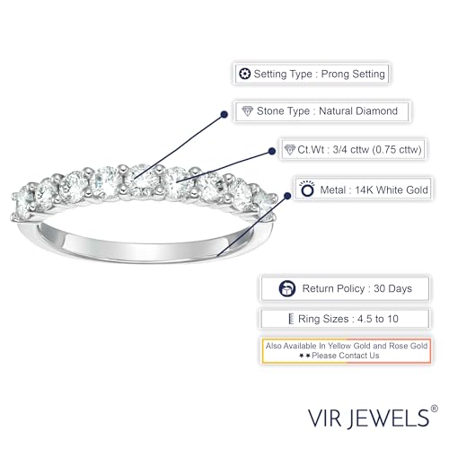 VIR JEWELS 3/4 carat (ctw) Diamond Wedding Anniversary Band for Women, Round Diamond Engagement Ring 14K White Gold 9 Stones Prong Set 0.75 cttw, Size 7
