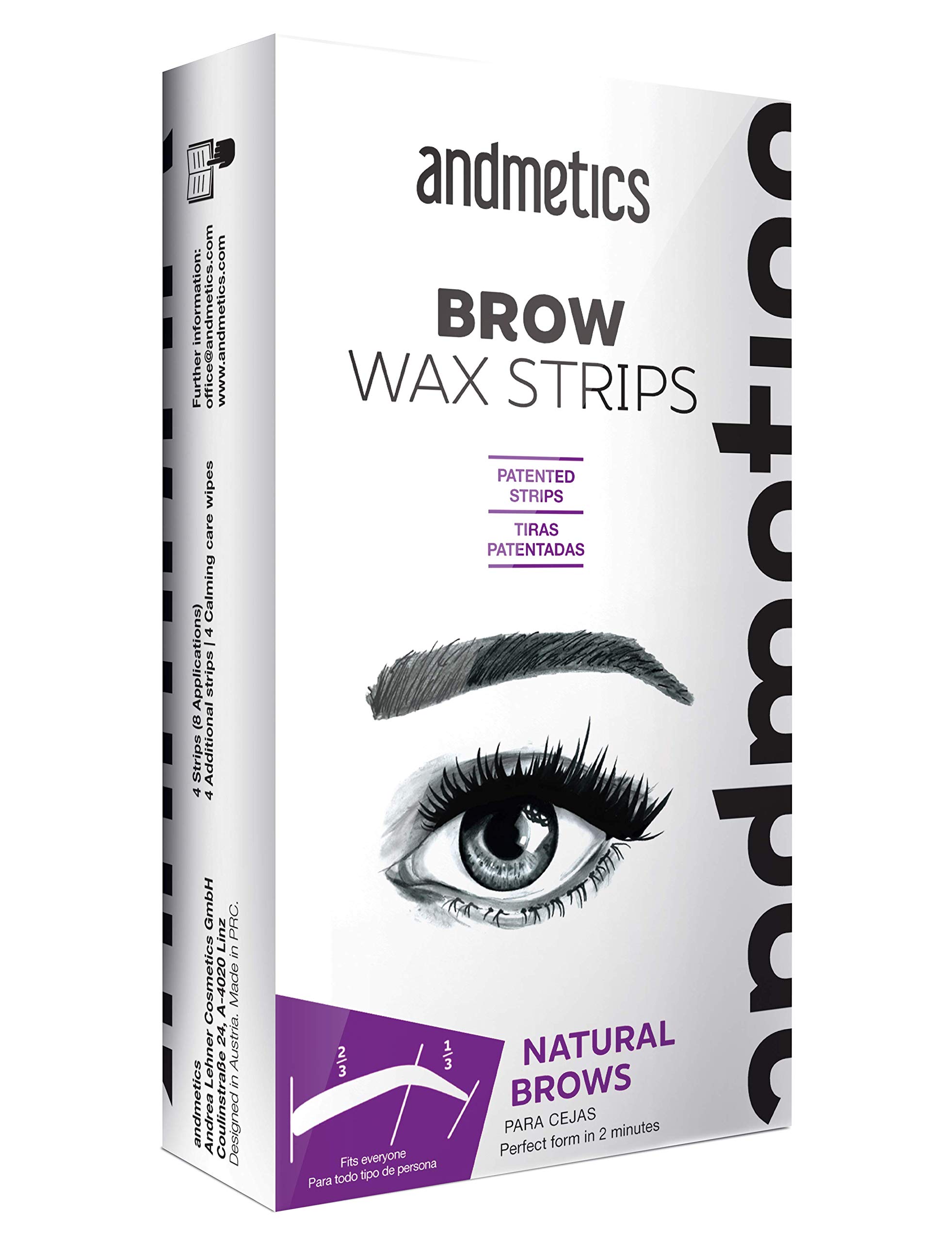 VEGAN Andmetics Brow Wax Strips - Natural Hair Removal with Aloe Vera (8 STRIPS + 4 CALMING WIPES) - Cold Wax - Patented Strips - Easy to Use & Ready in 2 minutes - Fits Everyone