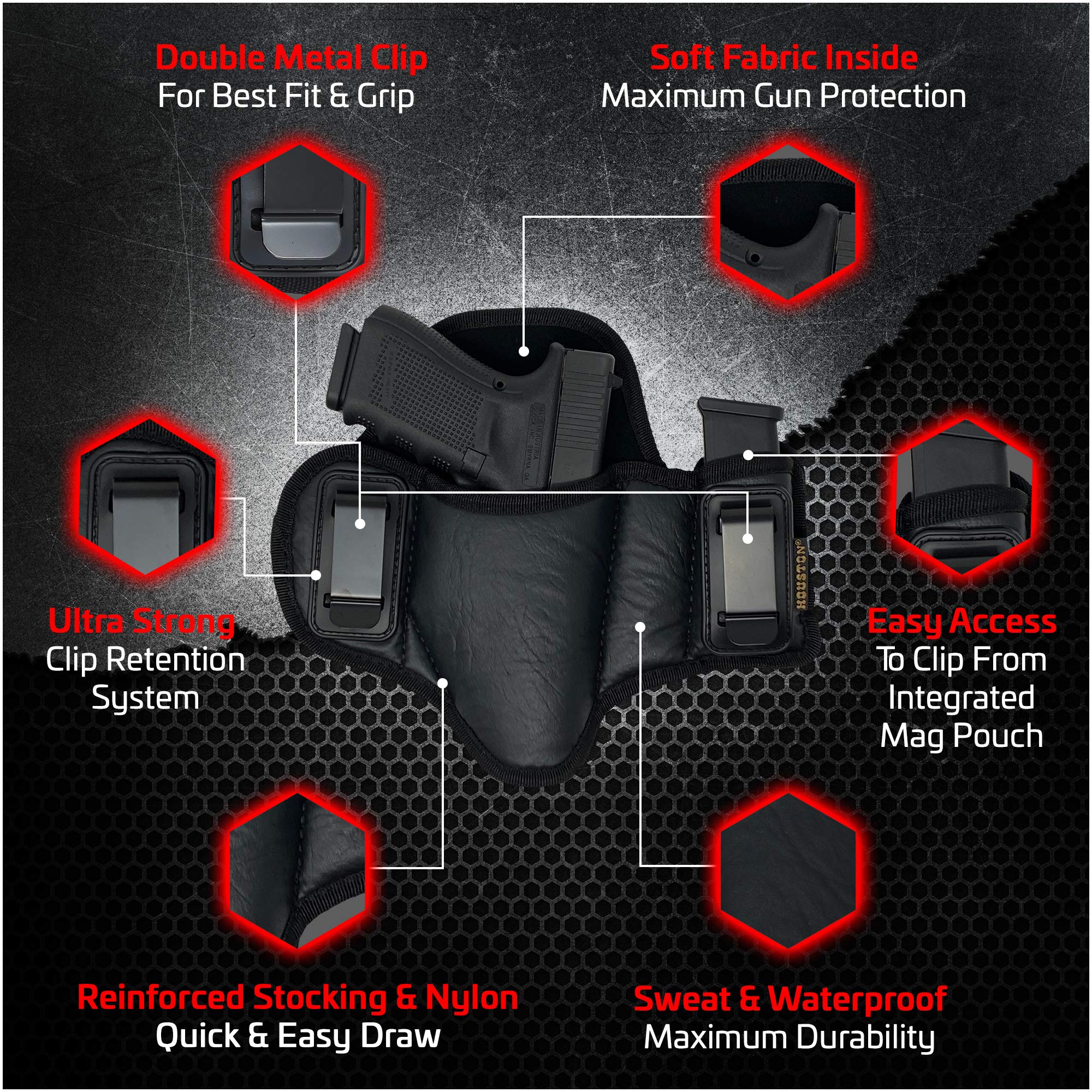 Tactical Pancake Gun Holster Houston - ECO Leather Concealed Carry Soft Material | Suede Interior for Protection | IWB | with Magazine Pouch | Fit: Glock 19 17 20 21 22 23 | Beretta 92 FS, PX4, XDM