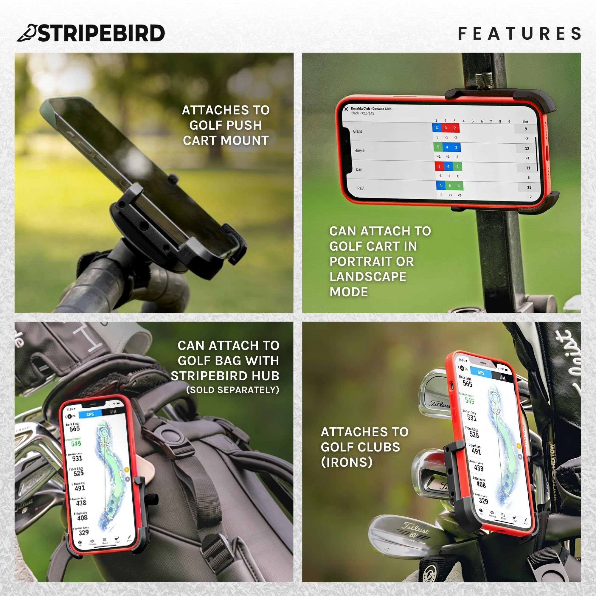 Stripebird - Original Magnetic Golf Cart Phone Holder (Black), Golf Caddy, Coolest Golf Cart Accessories, Cool Golf Gadgets, Slim Smartphone Mount