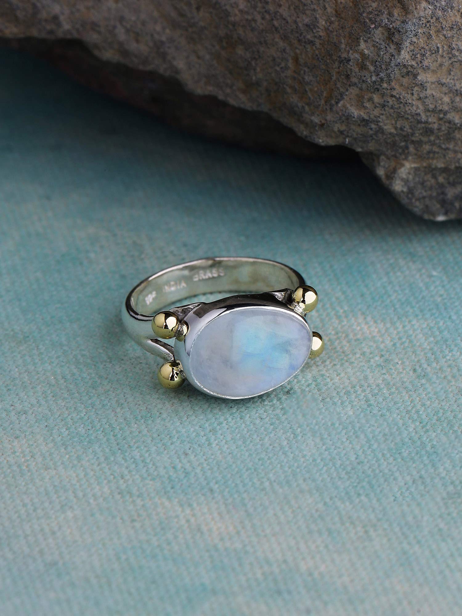 YoTreasure 10x14 MM Rainbow Moonstone Solid 925 Sterling Silver Brass Rings