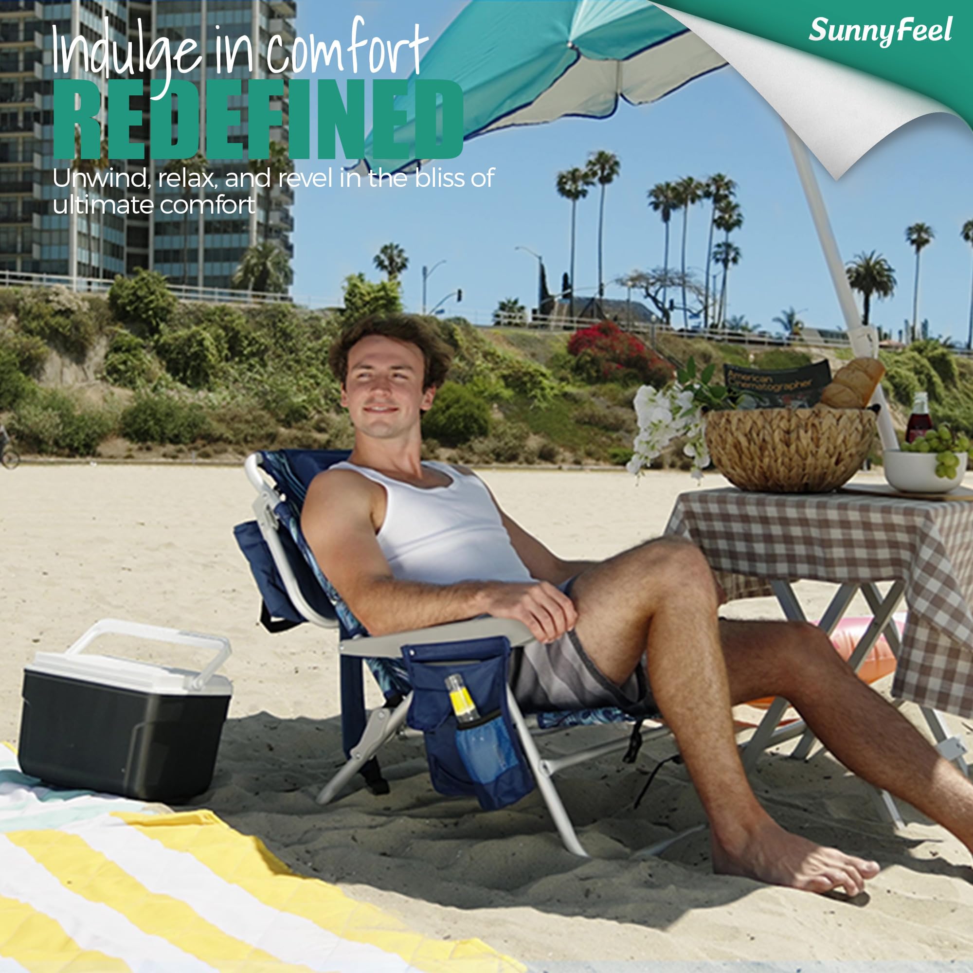 SUNNYFEEL Extra Wide 28" Low Beach Chair 5 Position Lay Flat, XL Oversized Portable Folding Camping Chairs with Cup Holder for Outdoor/Trip, Lightweight Foldable Backpack Beach Chair for Adults
