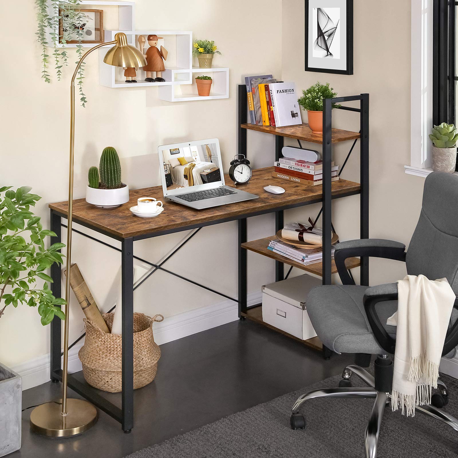 VASAGLE Computer Desk, 55 Inch Study Writing Desk with Storage Shelves for Home Office, Industrial Style PC Laptop Table, Easy Assembly, Sturdy, Rustic Brown and Black ULWD49X