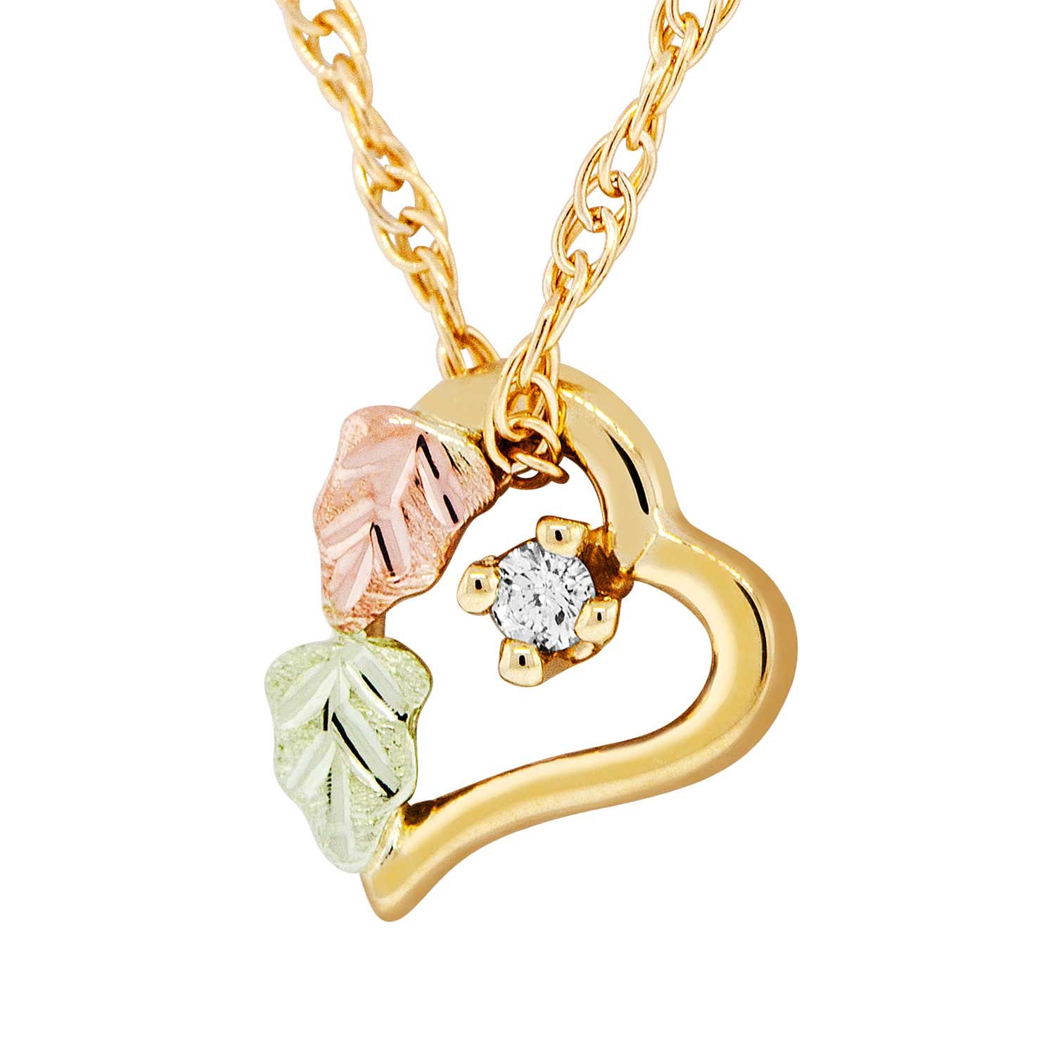 Small Diamond Heart Pendant Necklace, 10k Yellow Gold, 12k Green and Rose Gold Black Hills Gold 18 Inches